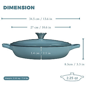 Flavehc Braiser Enameled Cast Iron Braiser 2.25 qt Braiser Pan with Lid Slateblue Shallow Cast Iron Casserole Braiser Pan with Handels