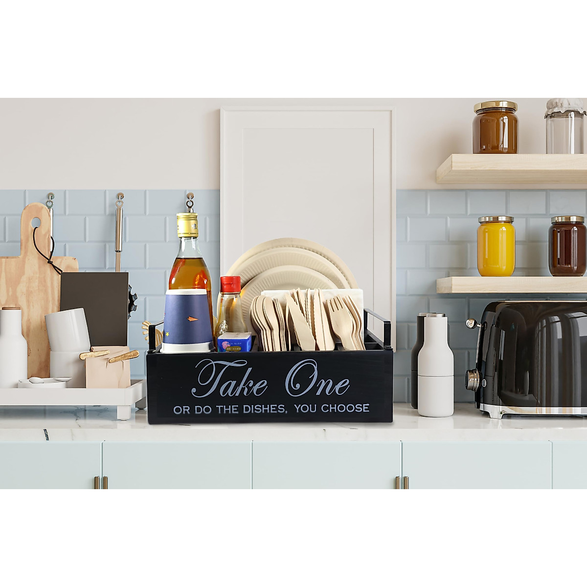 Rehuei Paper Plate Holder Utensil Caddy Organizer - Rustic Wood Disposable Plate Dispenser with Handles for Cups, Forks, Spoons, Napkins and Silverware Holders (handle paper plate holder)