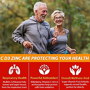 Sugar Free Vitamin C + D3 + Zinc Gummies for Adults 50 +, 9 in 1 Immune Defense Supplement with D3 5000IU, Elderberry, Echinacea, Mullein Leaf for Boost Immunity, Power Antioxidant, Vegan (Pack of 2)