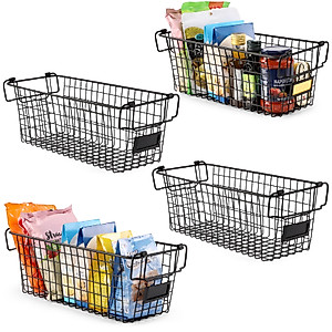 4 Pack [ XL Large ] STACKABLE Wire Baskets for Organizing - Pantry Storage and Organization Metal Bins for Produce, Food, Fruit - Kitchen Bathroom Closet Cabinet, Countertop, Under Sink Organizer