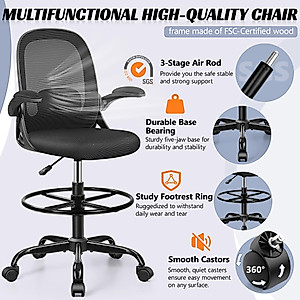 AtHope Drafting Chair, Tall Office Chair Ergonomic Standing Desk Chair,with Adjustable Footrest Ring, 3D Lumbar Support, Flip-up Armrests, Swivel Desk Stool for Drawing Working (Black)