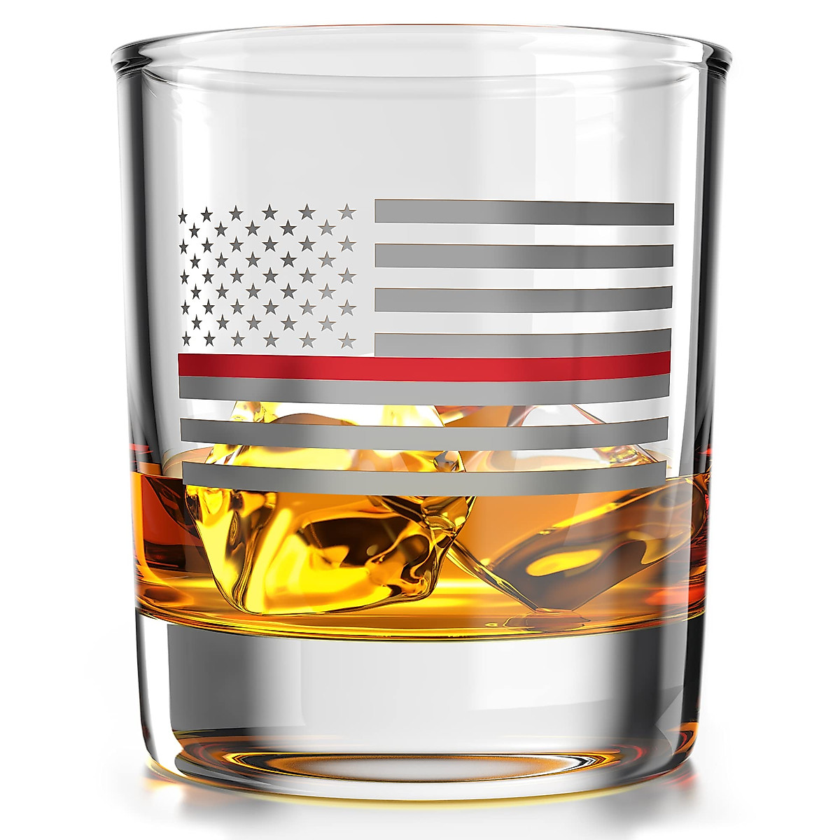 Thin Red Line Fire Fighter American Flag - Old Fashioned Whiskey Rocks Bourbon Glass - 10 oz capacity
