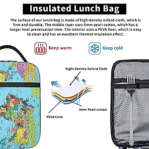 Hcokrzt Lunch Box Reusable Insulation Lunch Bag World Map Ice Packs Containers Tote Handbag For Women Men Teens Girls