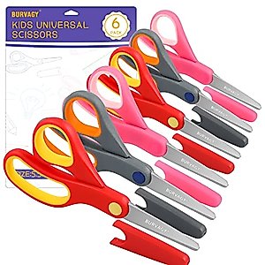 BURVAGY 5.5" Small School Student Blunt Kids Craft Scissors, Sharp Stainless Steel Blades Safety Comfort Grip for Children Cutting Paper, Assorted Color, 6 Pack