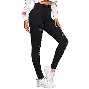 SweatyRocks Women's Hight Waisted Stretch Distressed Denim Pants Ripped Skinny Jeans Black M