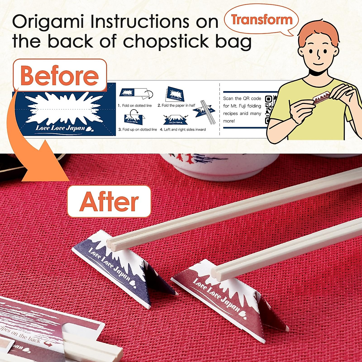 40 Pairs Disposable Chopsticks with Japan Hokusai Designed Origami Paper Rest, Individually Wrapped Chopsticks for Asian Japanese Dishes, Sushi Ramen (Great Wave)
