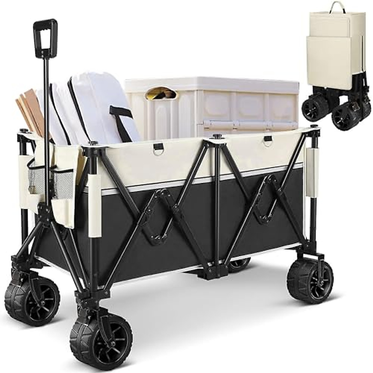 Heavy Duty Utility Collapsible Wagon with All-Terrain 4in×7in Wheels,Load 440 Lbs,Portable 200L Large Capacity Beach Wagon,Adjustable Handle for Garden,Outdoor,Camping,Beach, Shopping (Black & Khaki)
