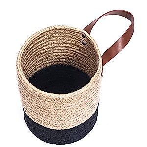 ZFRXZ Wall Hanging Basket - 6.3" x 7" Small Cotton Rope Baskets with Handle Storage Bins for Door Closet- Woven Basket Organizer for Flower Plants, Towels,Toys (Jute & Black)