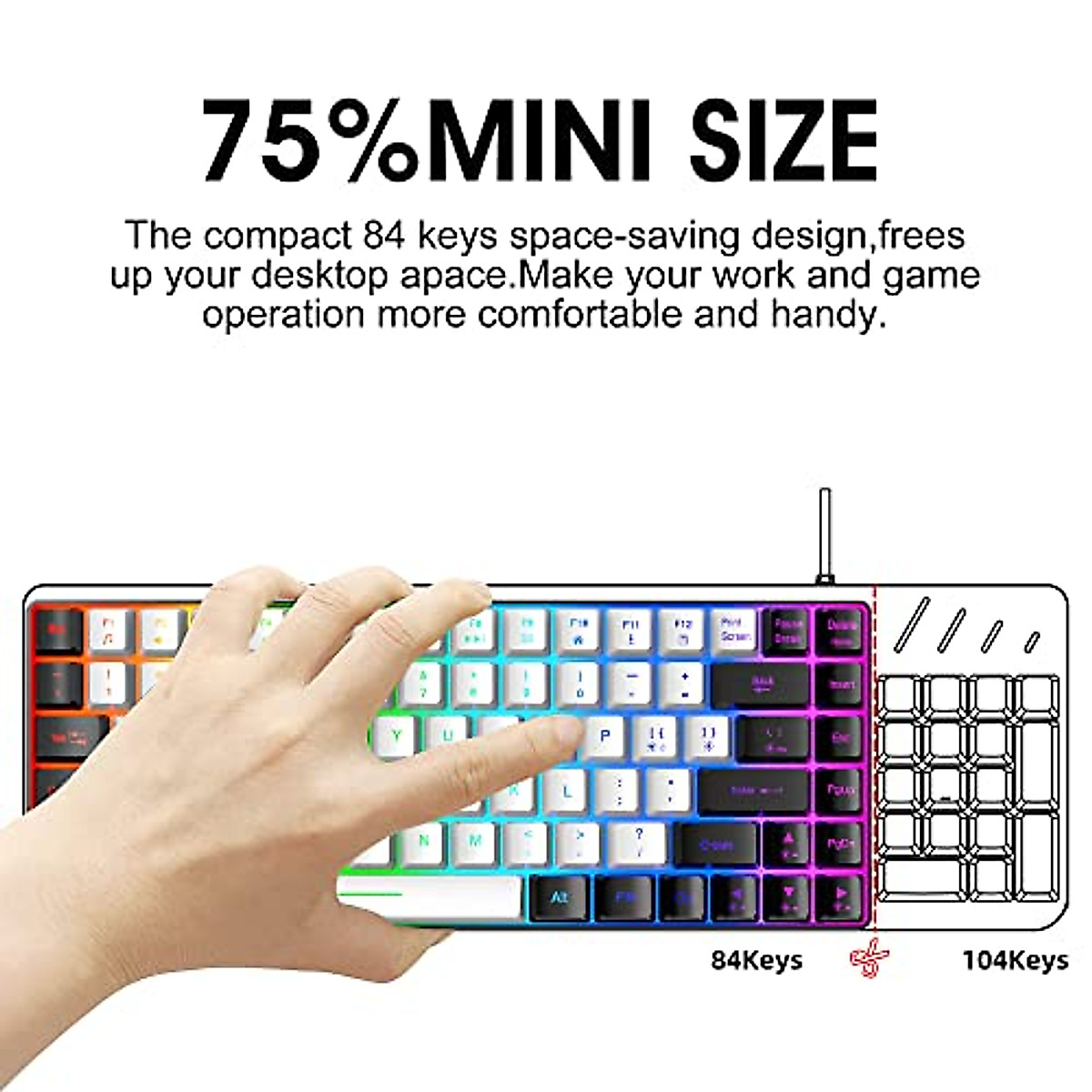 Snpurdiri 75 Percent Wired Gaming Keyboard, Mini Gaming Keyboard RGB Compact Ergonomic for Windows, PC, Laptop, Gaming (84 Keys, White-Black)