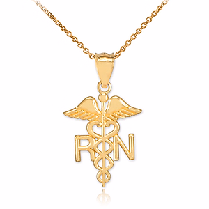 American Heroes Polished 14k Yellow Gold Caduceus RN Charm Registered Nurse Pendant Necklace, 16"