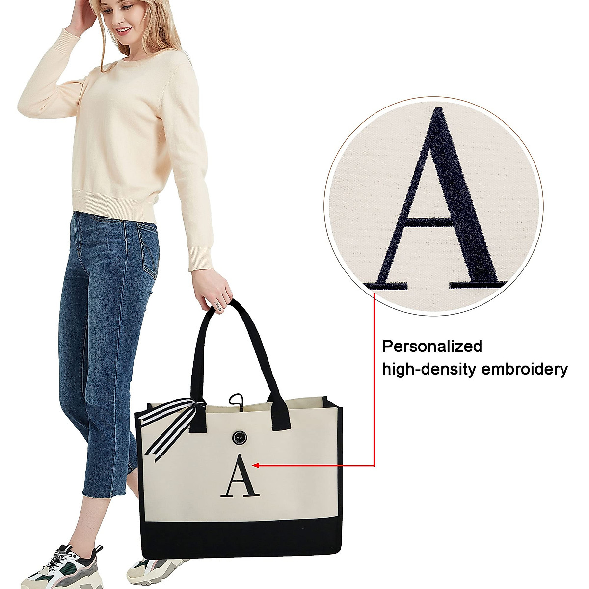 BeeGreen Initial Canvas Tote Bag Teacher Appreciation Gifts Embroidery Monogram 13oz Canvas Personalized Gifts with Pocket Bridal Shower Gift Large Beach Bags Birthday Gifts for Women Unique A