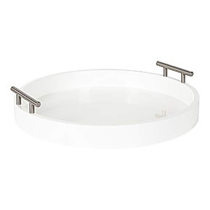 Kate and Laurel Lipton Modern Round Tray, 15.5 inch Diameter, White and Silver, Decorative Accent Tray for Storage and Display