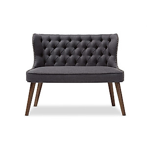Baxton Studio Scarlett Mid-Century Modern Brown Wood and Dark Grey Fabric Upholstered Button-Tufting with Nail Heads Trim 2-Seater Loveseat Settee