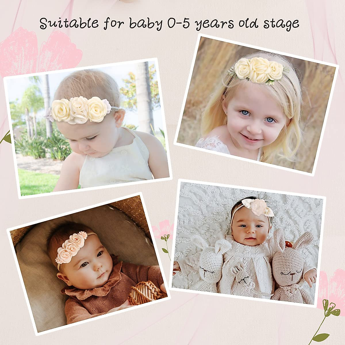 CN Baby Girls Floral Headbands Nylon Flowers Crown Hair Bow Elastic Bands For Newborn Infant Toddlers Kids Pack (white C)
