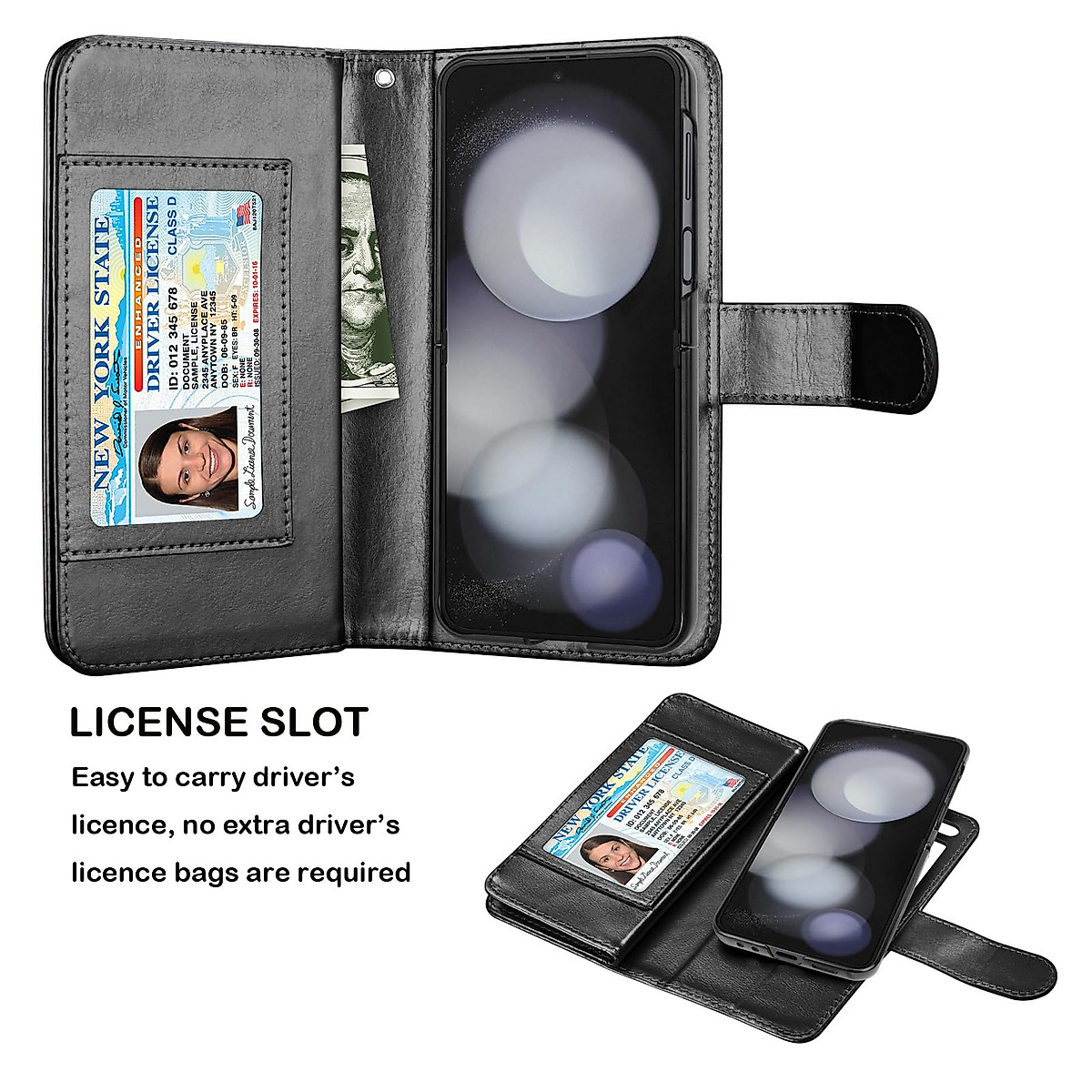 Njjex Galaxy Z Flip 5 5G Case, for Samsung Galaxy Z Flip 5 5G Wallet Case, [9 Card Slots] PU Leather ID Credit Holder Folio Flip [Detachable] Kickstand Magnetic Phone Cover & Lanyard [Black]