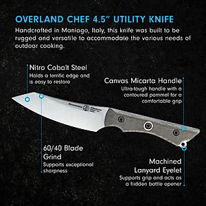 Messermeister Overland Chef 4.5” Utility Knife - Nitro Cobalt Steel, Canvas Micarta Handle & Hidden Bottle Opener