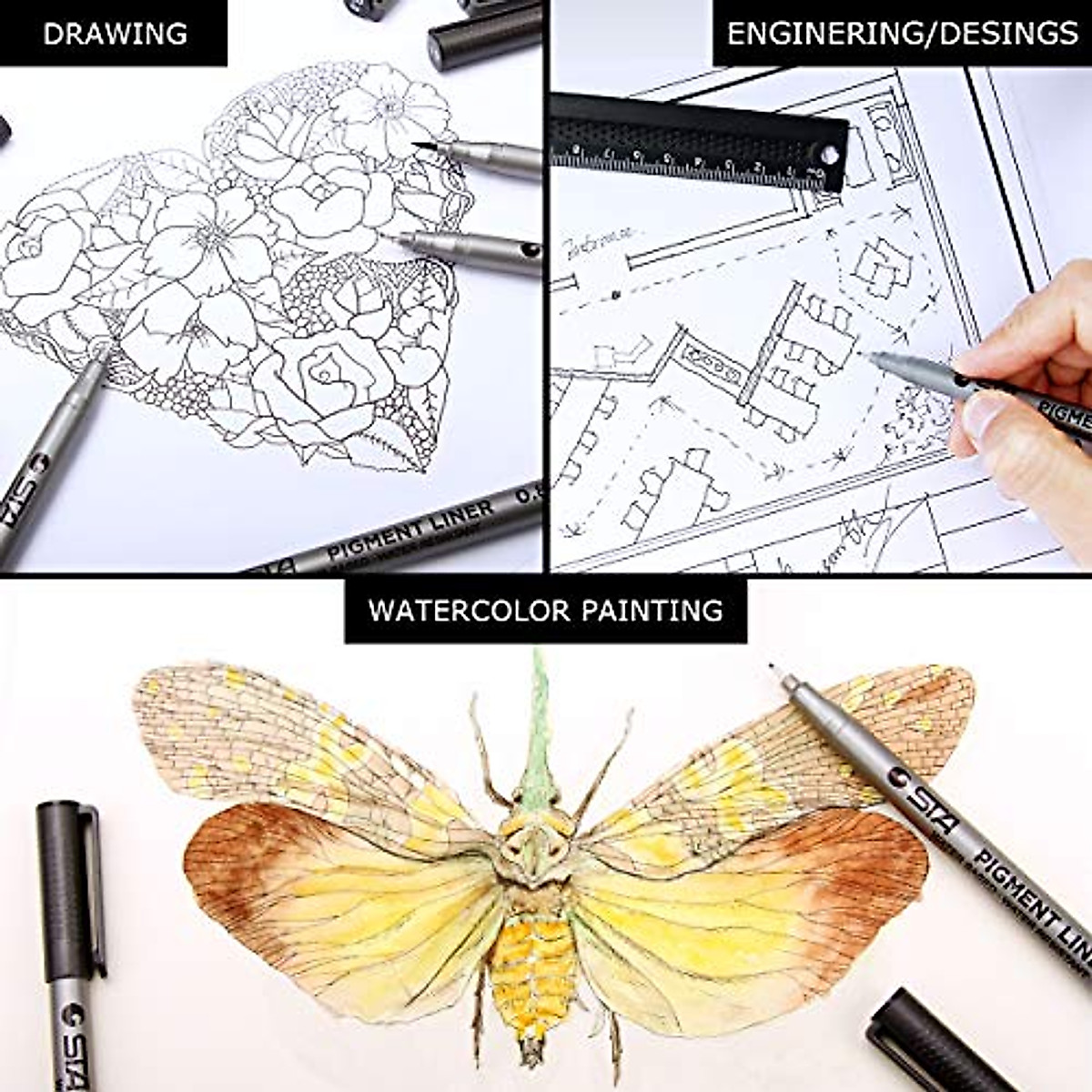 Brusarth Precision Black Micro-Pen Fineliner Ink Pens, Waterproof Archival Ink, Drawing Pens, Artist Illustration Pens, Multiliner, for Art Watercolor, Sketching, Anime, Manga, Design, 9/Set(Black)