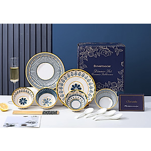 Binvertaocier 14-Piece Porcelain Asian Bowls Set with Spoons Rice Bowls with Chopsticks 10 Oz Bowls,Small Soup Bowls,Asian Plates and Bowls Set, (Modern blue)