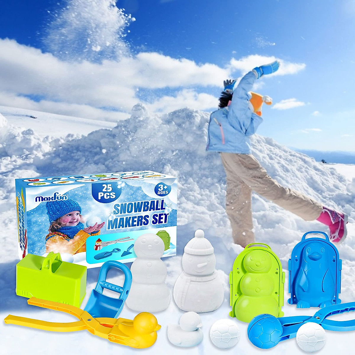 Max Fun 25Pcs Winter Snowball Tool Kit with Handle for Snow Ball Shapes Fights Duck for Kids Toddlers Adults Outdoor Sand Molds Beach Toys
