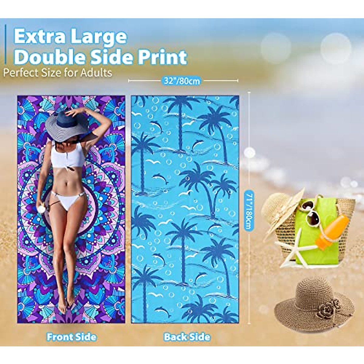 Microfiber Sand Free Beach Towel Thin Quick Dry Super Absorbent Oversized Large Lightweight Towels for Travel Sports Pool Swimming Bath Camping Yoga Girls Women Adults