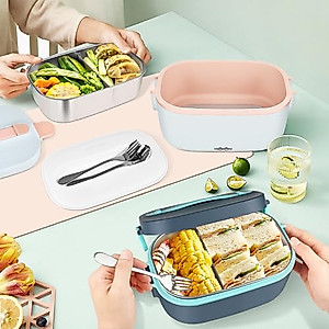 CTSZOOM Electric Lunch Box - 80W Heated Lunch Box 1.5L 4 in1 Portable Food Warmer with Detachable Dividers for Car/Truck/Office 12V/24V/110V, Leakproof Lunch Heater (Chambray)
