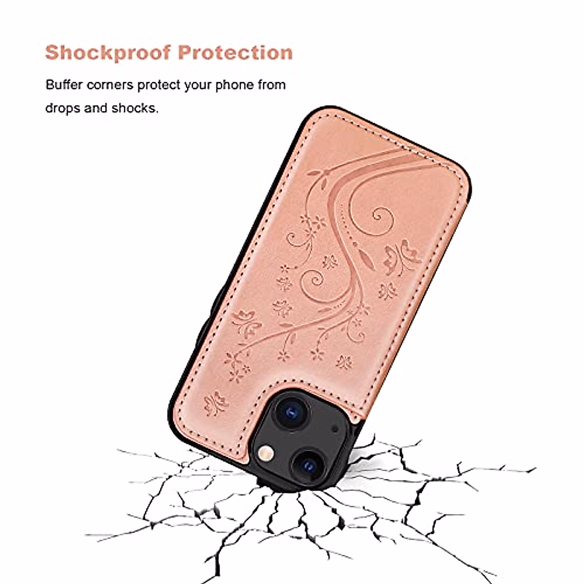 Vaburs Compatible with iPhone 13 Case Wallet with Card Holder, Embossed Butterfly Pattern PU Leather Double Buttons Flip Shockproof Protective Cover for Magnetic Car Mount 6.1 Inch (Rose Gold)