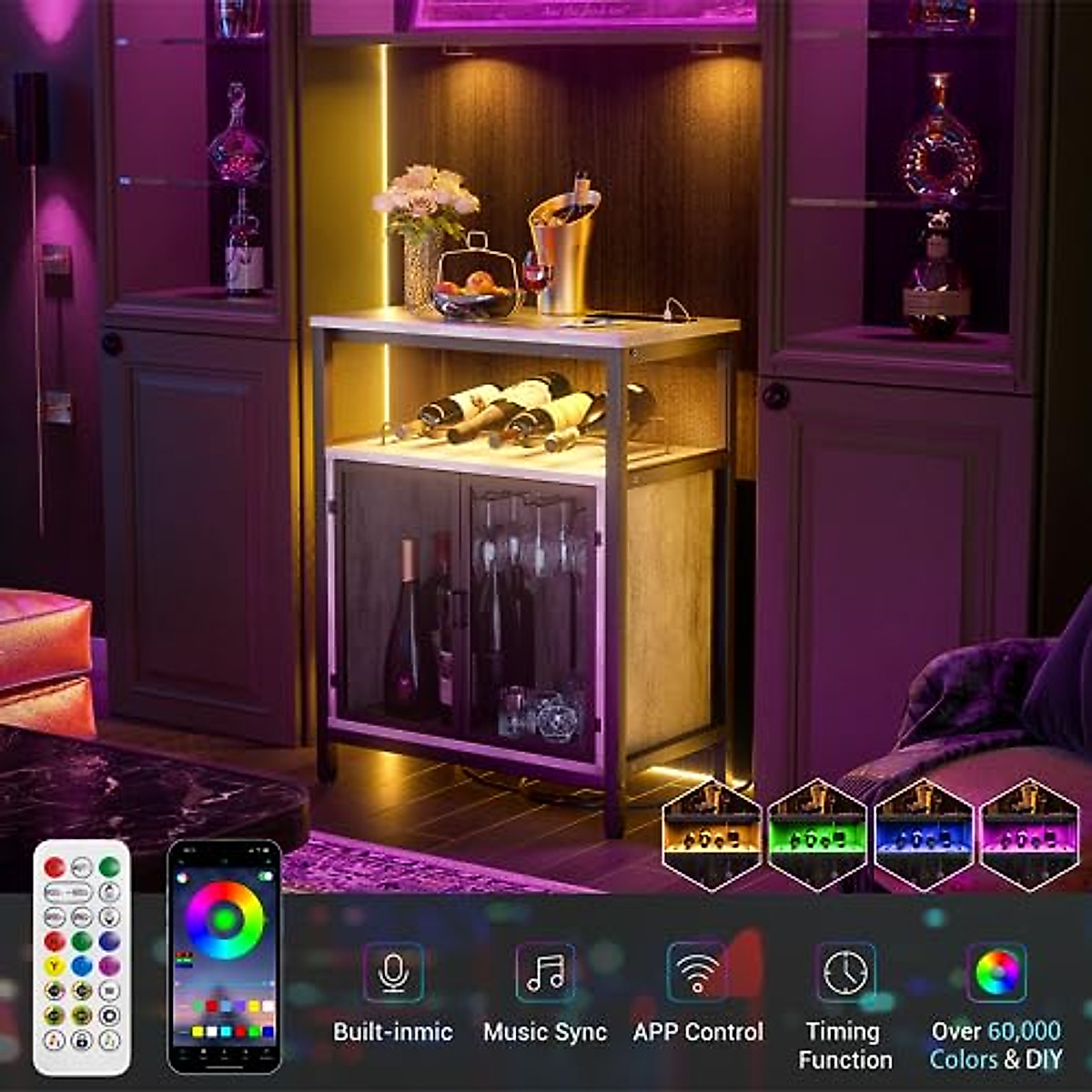 Unikito Wine Bar Cabinet with RGB Light and Outlet, FreeStanding Wine Rack Table, Liquor Cabinet with Glass Holder, Floor Bar Cabinet for Liquor and Glasses for Home Kitchen Dining Room, White Oak