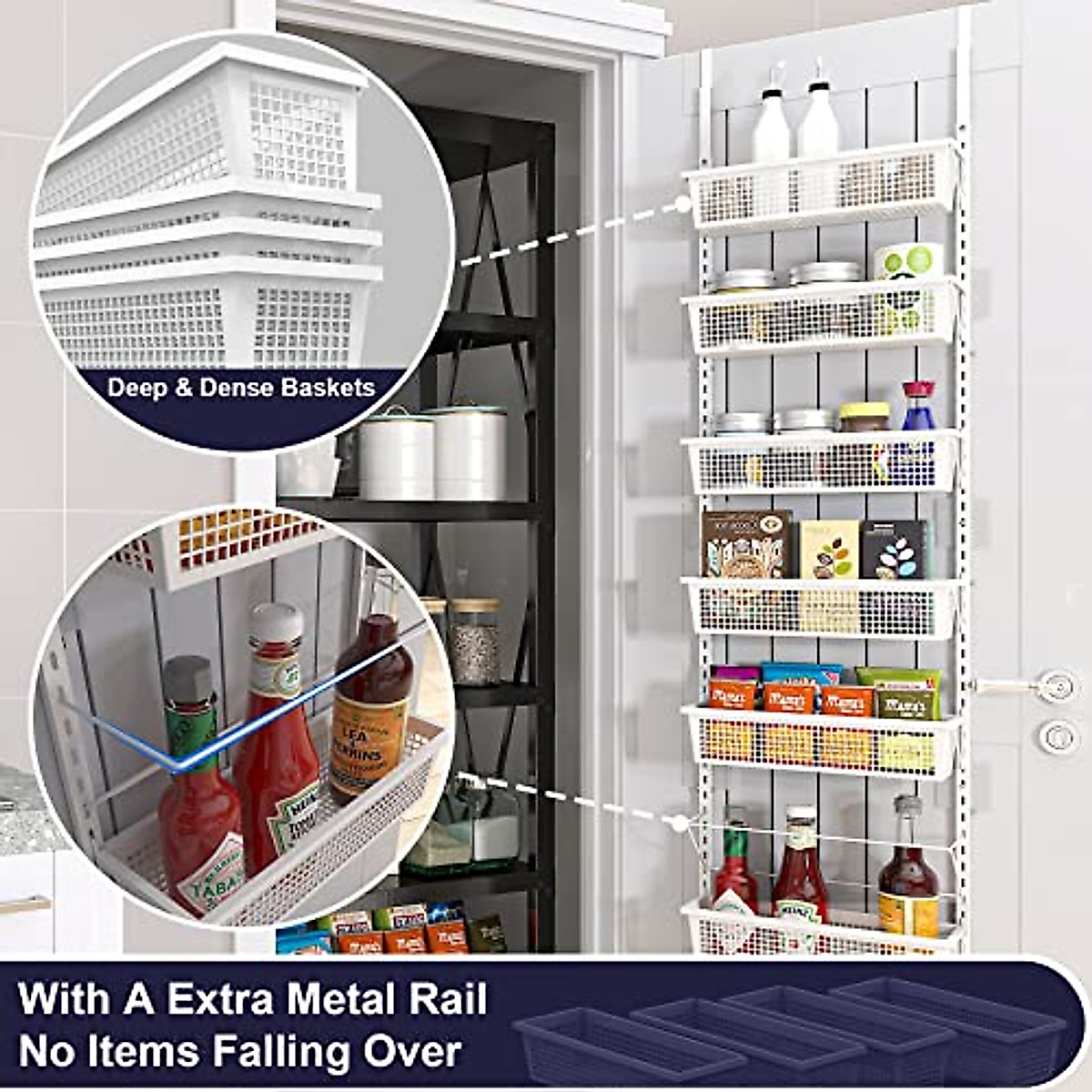 Over the Door Organizer, Adjustable Over Pantry Door Storage with 6 Deep Basket Hanging Over Door Spice Rack Closet Cabinet Door Shelf Organizer for Kitchen Bathroom, Wall Mountable, Modularized Use