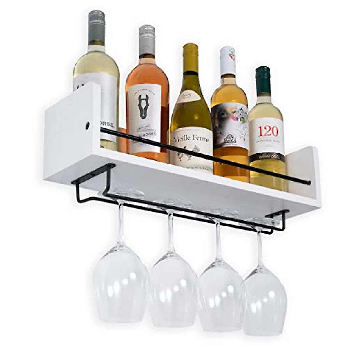 Rustic State William Wall Mount Wooden Wine Bottle and Stemware Rack Glassware Holder Floating Shelf - Home, Kitchen, Dining Room, Bar Décor Storage Organizer - White