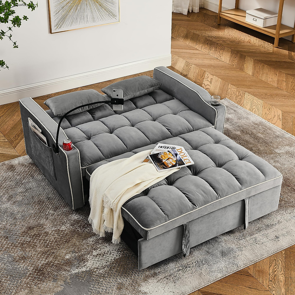 Bellemave Foldable Sofa Bed with Phone Holder, Pull Out Velvet Loveseat Sleeper with 2 USB Charging Ports, Modern Futon Couch with Cup Holders and Adjustable Backrest, for Living Room, Gray