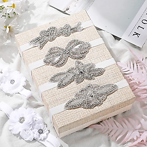 Juinte 6 Pcs White Baptism Headband for Baby Girl Toddler Elastic Chiffon Flower Crystal Lace Headbands Christening White Baby Baptism Headband Gifts Birthday Baby Shower Party(Elegant Style)