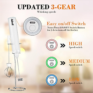 Tulevik Milk Frother Handheld, Electric Frother Wand With Stand, Coffee Frother With USB Rechargeable 3 Speeds, Mini Frother for Coffee Latte, Cappuccino, Hot Chocolate, Matcha, Egg - White