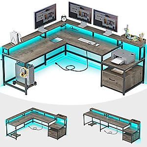 SEDETA L Shaped Desk, 66" Home Office Desk with File Drawer & Power Outlet, Gaming Desk with Led Lights, Corner Computer Desk with Monitor Shelf, Printer Storage Shelves, Two Person Desk, Grey