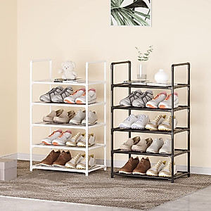 Vockot 5 Tier Stackable Small Shoe Rack，Narrow Sturdy Shoe Shelf Organizer, Non-Woven Fabric Metal Free Standing Shoe Racks for Entryway, Doorway and Closet（White）