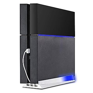 KlsyChry Vertical Stand for PS4 White, Blue Light Base Led PS4 Bracket Mount Holder Stand for PlayStation 4 Console with 3 USB Hub Ports -White