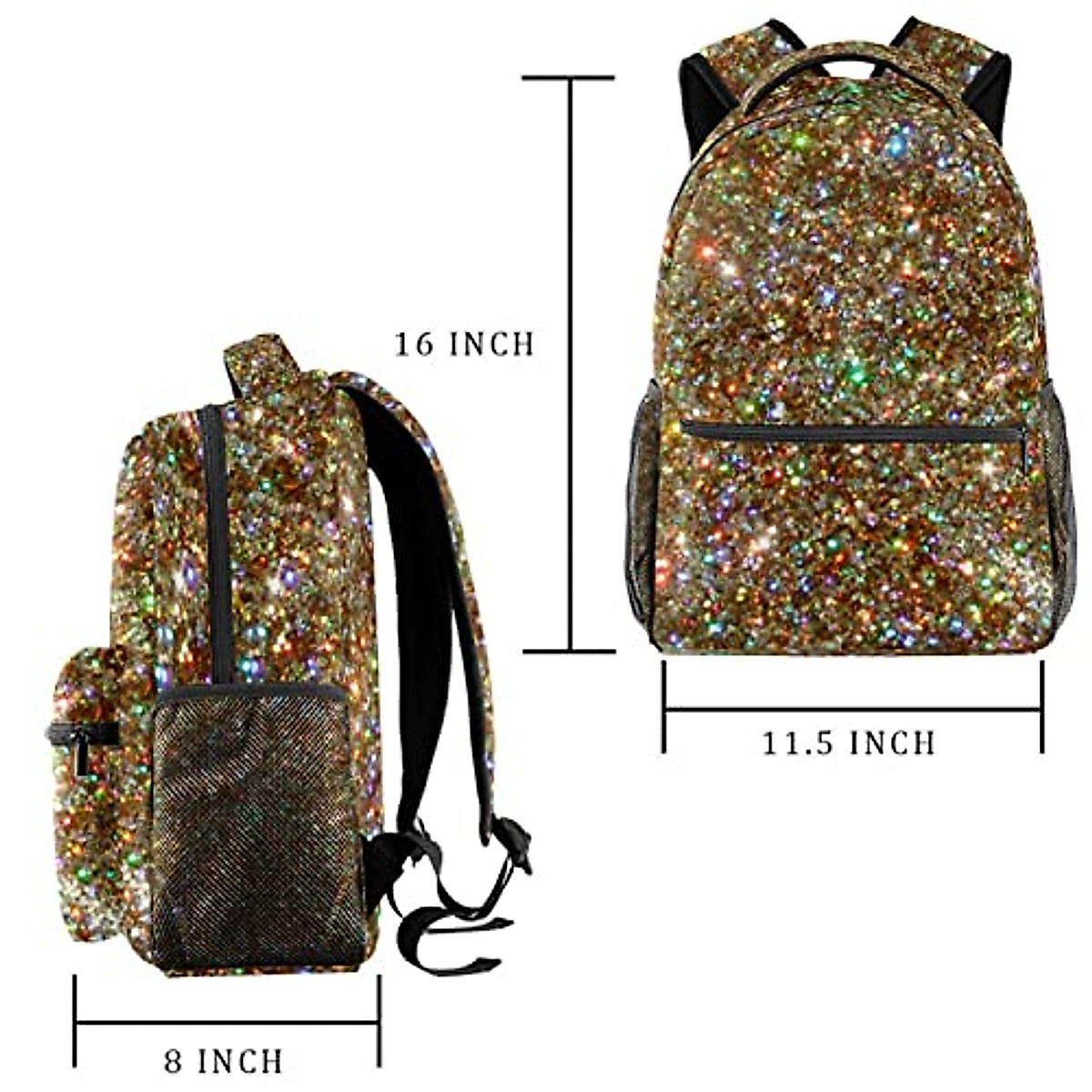 Student Backpack Boys Girls School Bag 16inch Laptop Backpack Gold Glam Faux Glitter Backpack Bag Travel Camping Casual Daypack Bag for Men Women
