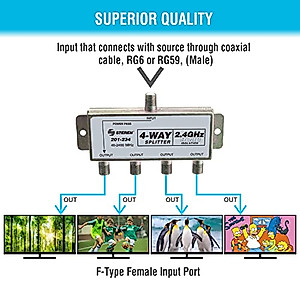 STEREN 4-Way 2.4GHz 90dB 1 Port Power Pass DC Passing On One Port F-Pin Coaxial Splitter [201-234]
