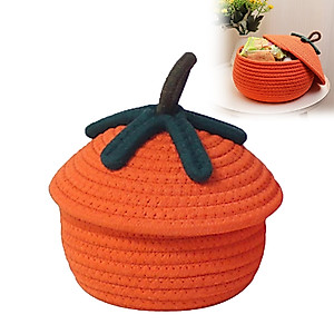 Halloween Storage Basket with Lid, Woven Pumpkin Basket, Cute Halloween Cotton Rope Woven Candy Basket Bag Organizer Bins for Halloween Party Favor Christmas Decorative Basket (S)
