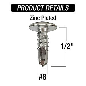 Truss Head Self Drilling Screw, Metal Stud Screws #8 x 3/4" Phillips Wafer Modified Truss Head Fasteners, Durable Zinc Design for Drywall Sheet, Metal, Attaches Wire Lath to Metal Studs, Box of 25
