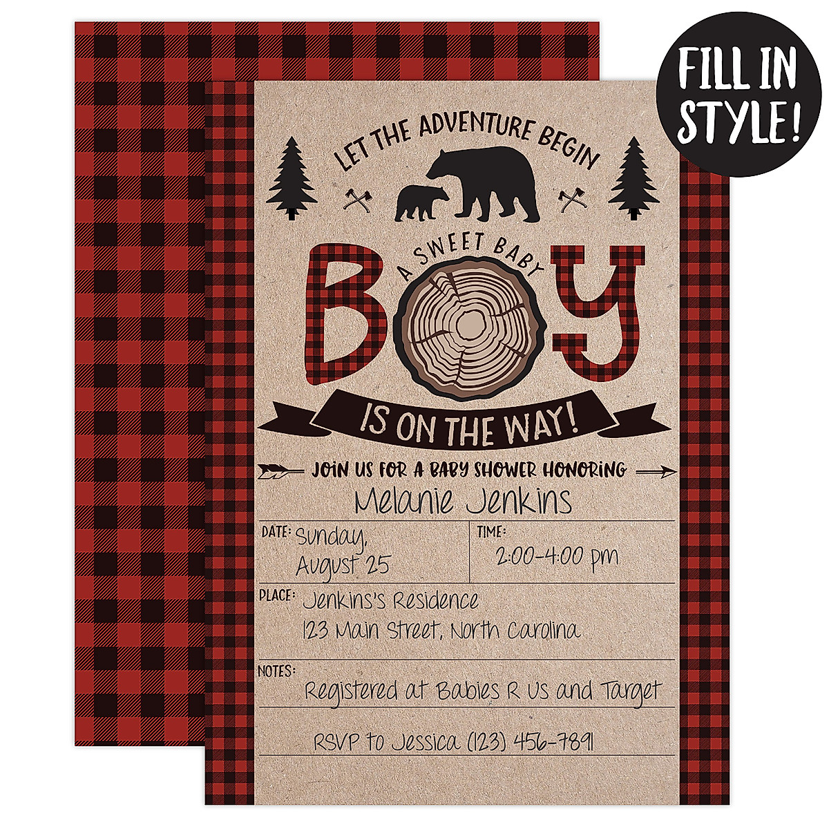 Your Main Event Prints Lumberjack Baby Shower Invitations - Boy Baby Shower Invitations - Mama Bear Baby Shower Invites - Woodland Baby Shower Invitations - 20 Fill-In Invitations and White Envelopes