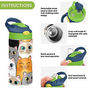 Cute Kittens Water Bottle with Straw Lid for Kids, Insulated Stainless Steel Thermoses for School Boys Girls, 12oz