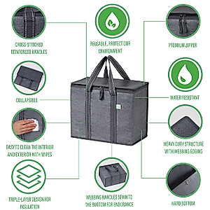 VENO 2 Pack Cooler Bag and Insulated Grocery Bags for Food Delivery, Collapsible Cooler. Reusable Shopping Bags for groceries with Hard Bottom, Zippered Top, Foldable, Heavy-Duty (Gray, 2 Pack)