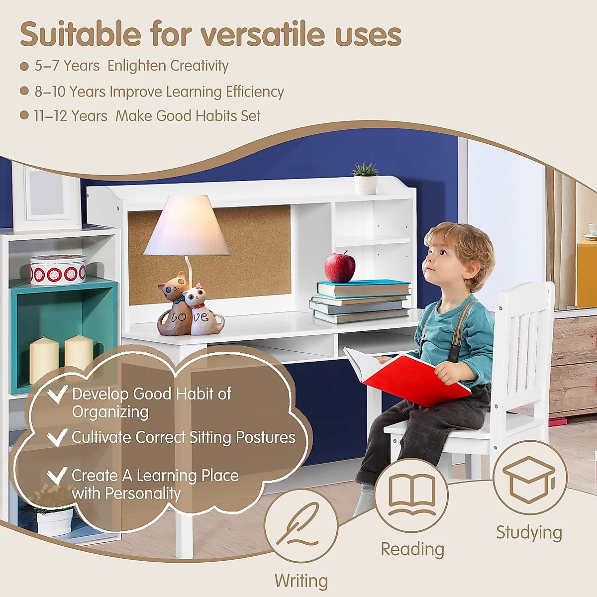 Costzon Kids Desk and Chair Set, Children Study Writing Desk w/Chair, Hutch, Storage, Drawers, Shelves, Cork Bulletin Board, Student Wooden Computer Workstation for Bedroom, Study, Living Room, White