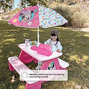Delta Children 4 Seat Activity Picnic Table with Umbrella and Lego Compatible Tabletop, Minnie Mouse, 32.5 in x 34.25 in x 53.5 in