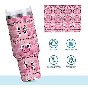 RPLIFE Cute Pig Faces Pink Travel Coffee Tumbler, Stainless Steel Mug, Cups with Lids