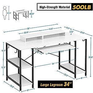 White Desk with Keyboard Tray, 55 INCH Desk with Storage Shelves Modern Computer Desks for Home Office Study Desk with Monitor Shelf Industrial PC Desk Studio Desk with Iron Hooks, Easy to Assemble