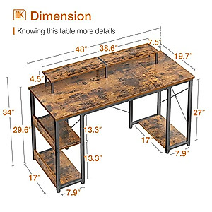 ODK 48 inch Computer Desk with Monitor Shelf and Storage Shelves, Writing Desk, Study Table with CPU Stand & Reversible Shelves, Vintage