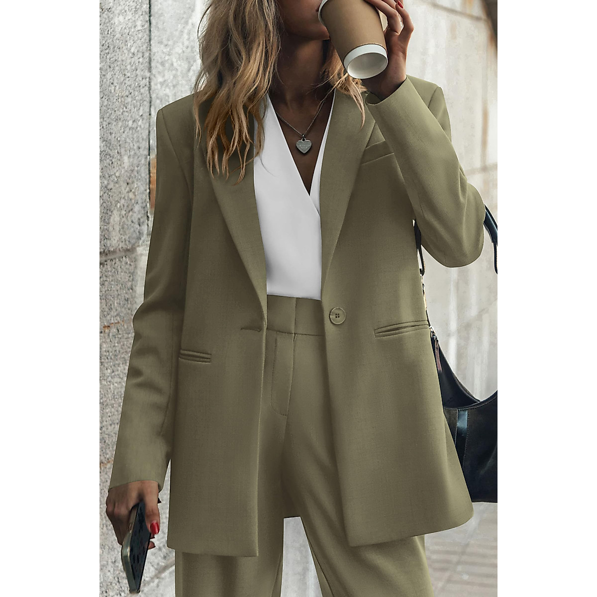 PRETTYGARDEN Women's 2024 Fall Two Piece Outfits Blazer Jacket and Wide Leg Pants Pockets Business Casual Suit Sets (Army Green,Large)