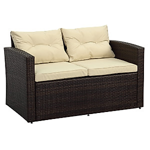 Thy-Hom Rio 5 Piece Outdoor Patio Furniture Sets, Patio Furniture Outdoor Sectional Sofa, All Weather Woven Wicker Patio Sofa Brown PE Rattan Patio Conversation Set w/Cushion and Table