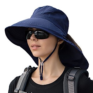 Women Sun Hats UV Protection Wide Brim Foldable Ponytail Hole Beach Hats with Neck Cover for Gardening (Navy)